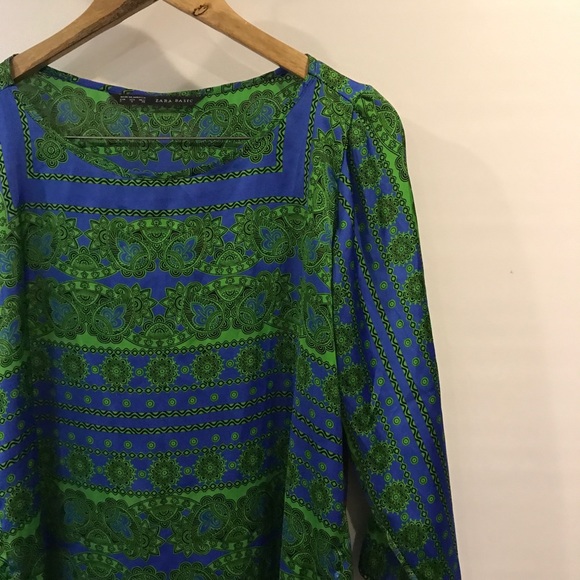 Zara | Tops | Zara Basic Patterned Blue Green Blouse S | Poshmark